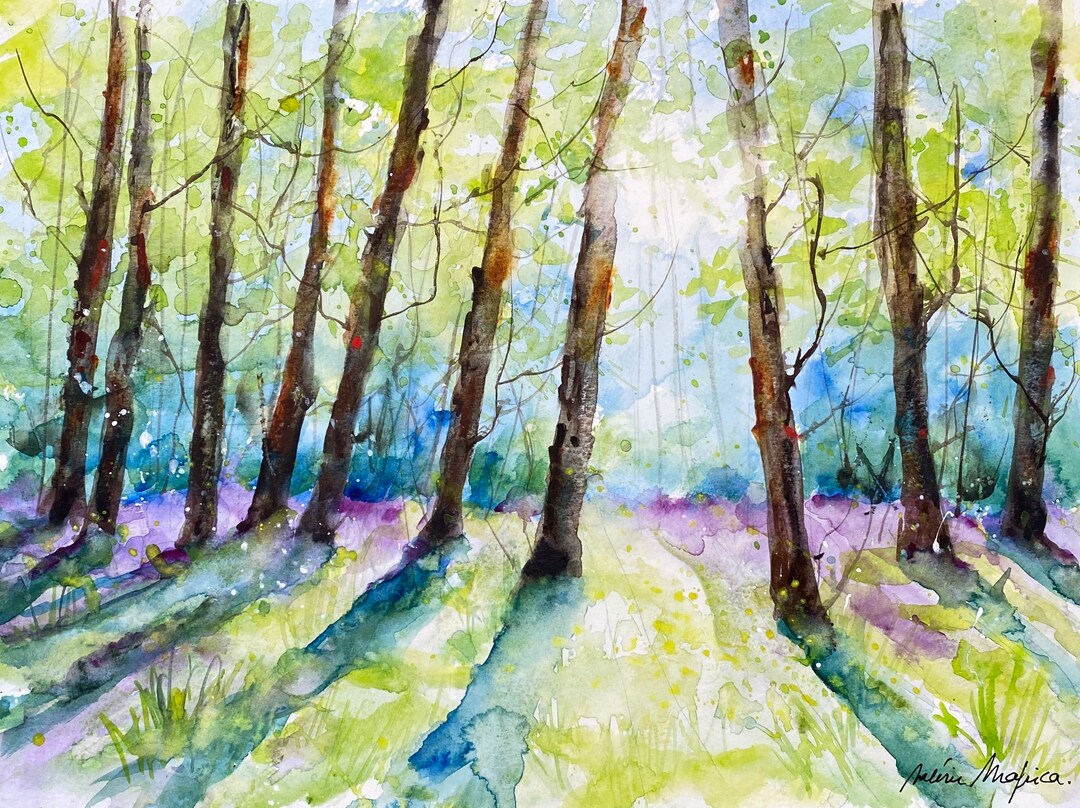 Original Painting of Luminous Forest in Spring, Authentic Watercolor of ...