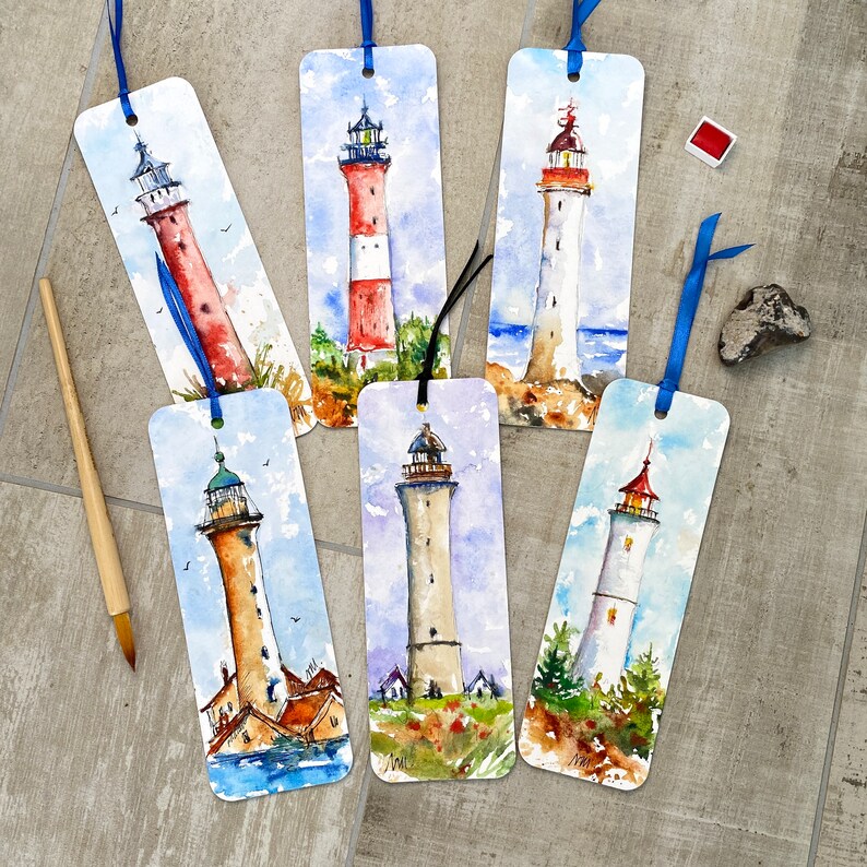 Red and White Watercolor Lighthouse Bookmark, Original Marine ...
