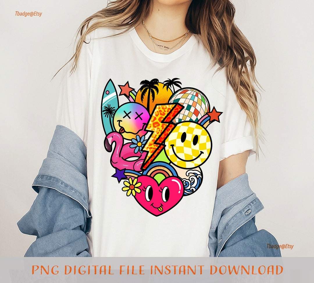 Smiley Face PNG Sublimation, Retro Summer Shirt Design Png, Lightning ...