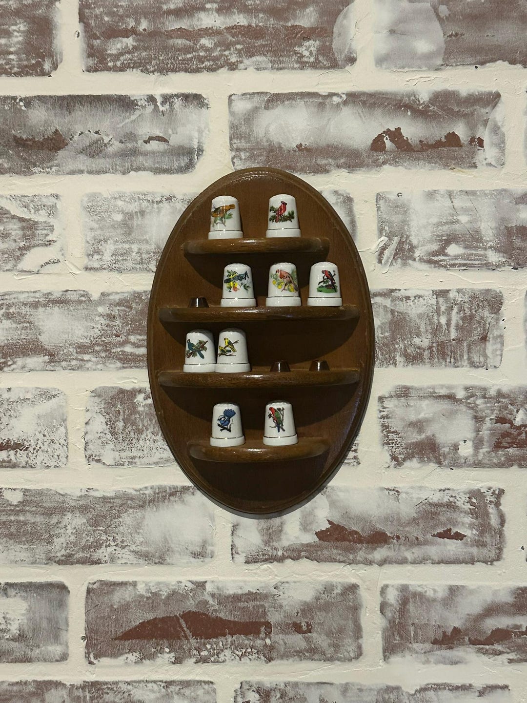 Vintage 1979 Enesco Oval Wood Thimble Wall Hung Display Shelf W/ 12 ...