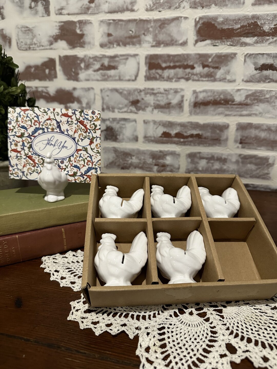 Set of 6 Ceramic Rooster Place Card Sign Holders White Roosters ...