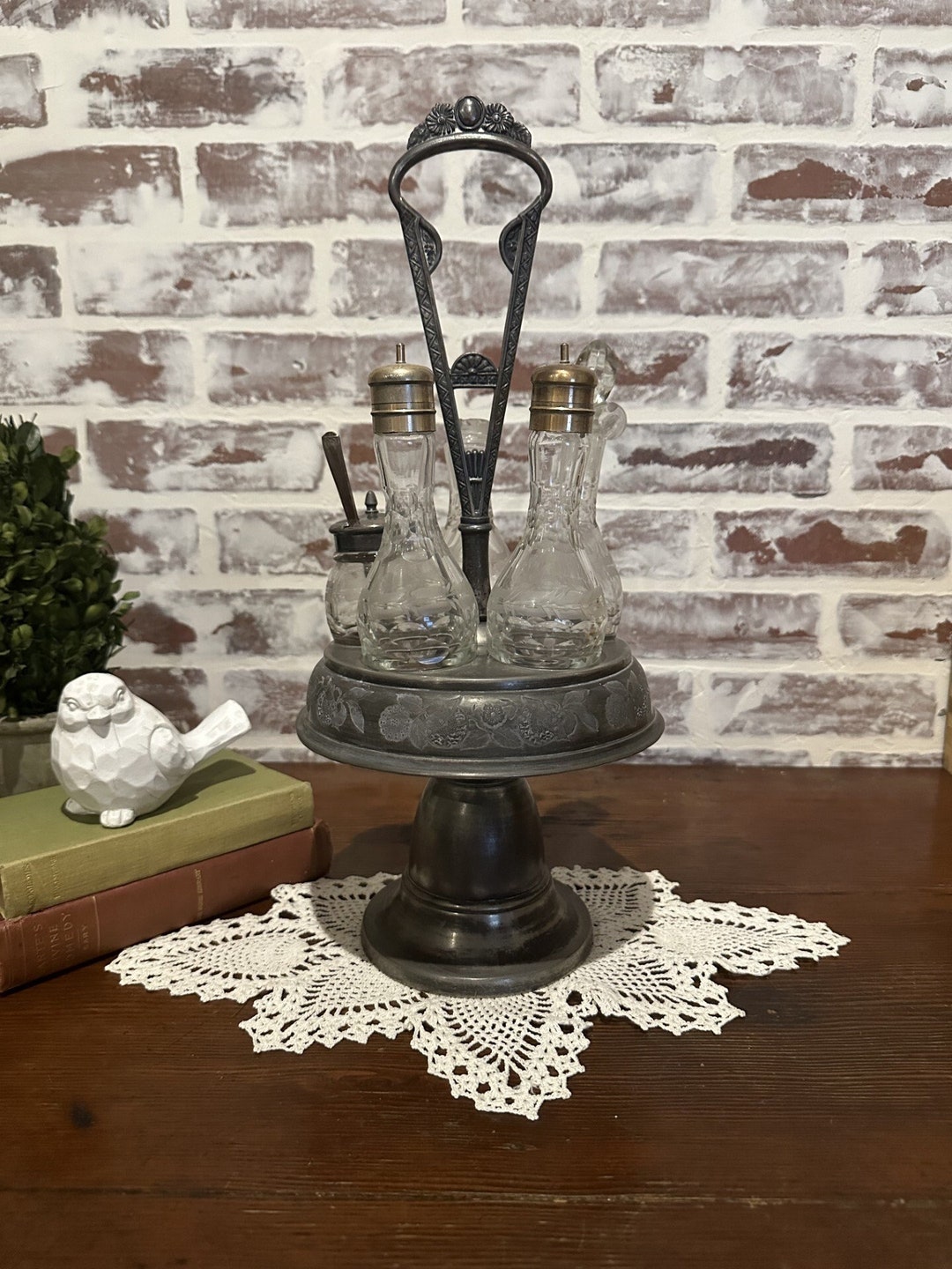 Antique Victorian Silver Plate Etched Glass Cruet Condiment Caddy Set 5 ...