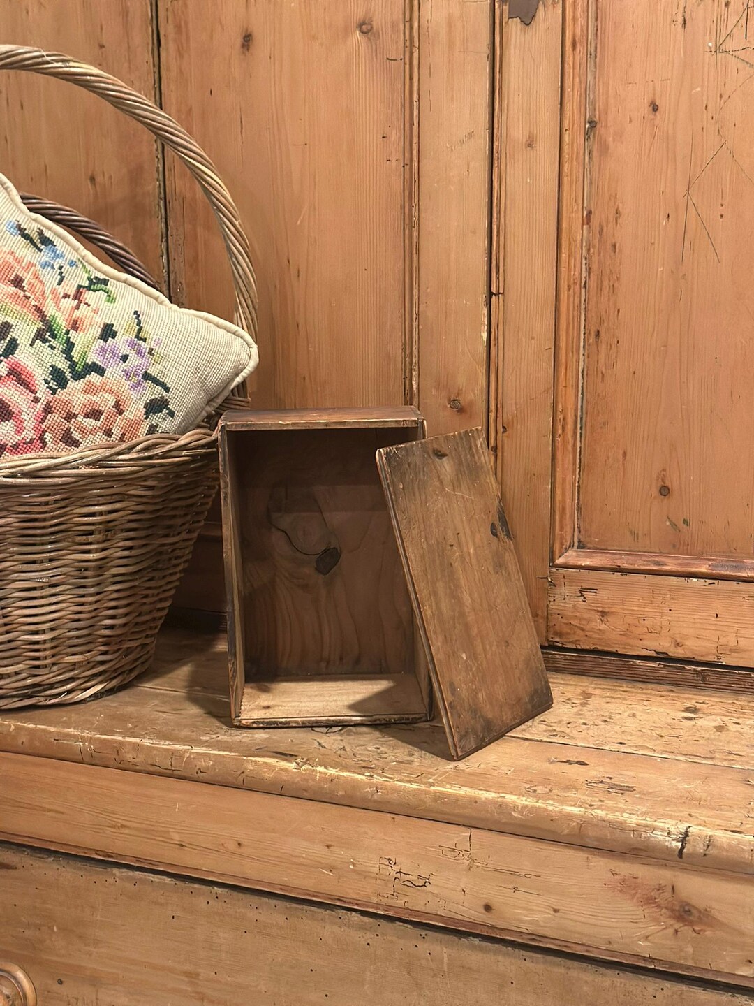 Antique Primitive Wood Box W/ Slide Lid & Dovetail Edge | File Storage ...