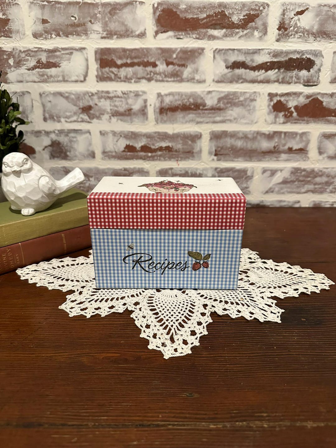 Vintage Recipe Box W/ Lid by Studio18 | Red Blue & White Checkered ...