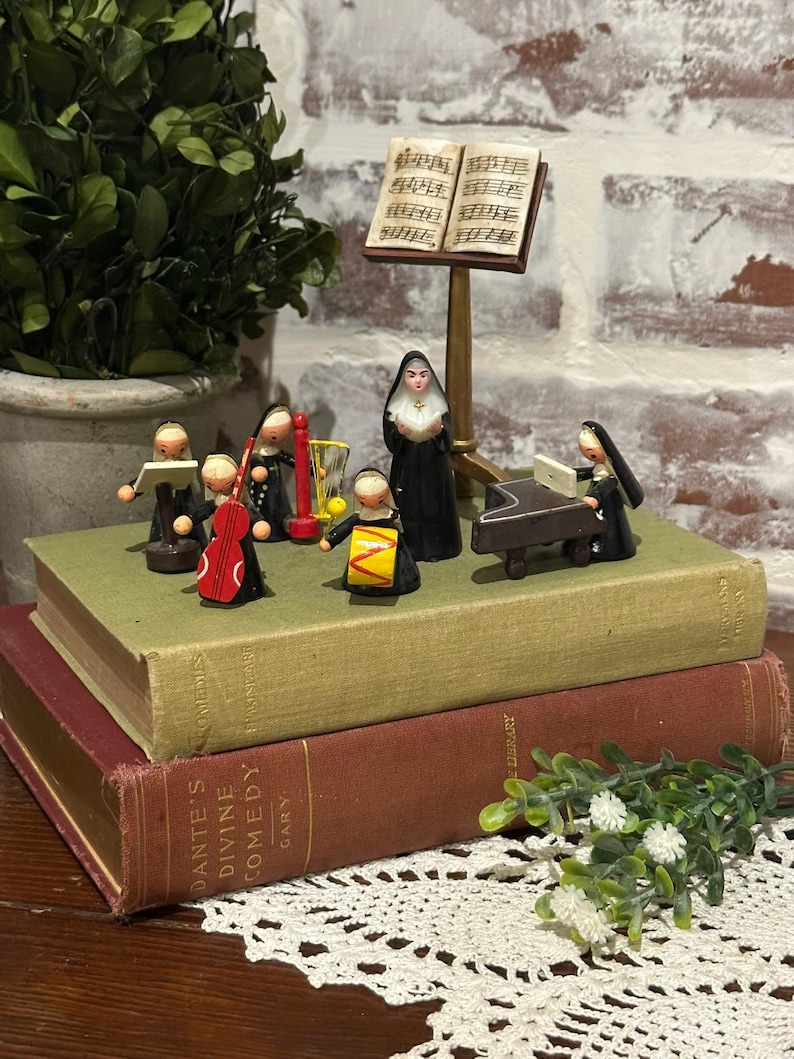 Vintage Shackman Hand Painted Miniature Wood Nun Sister Orchestra Band ...