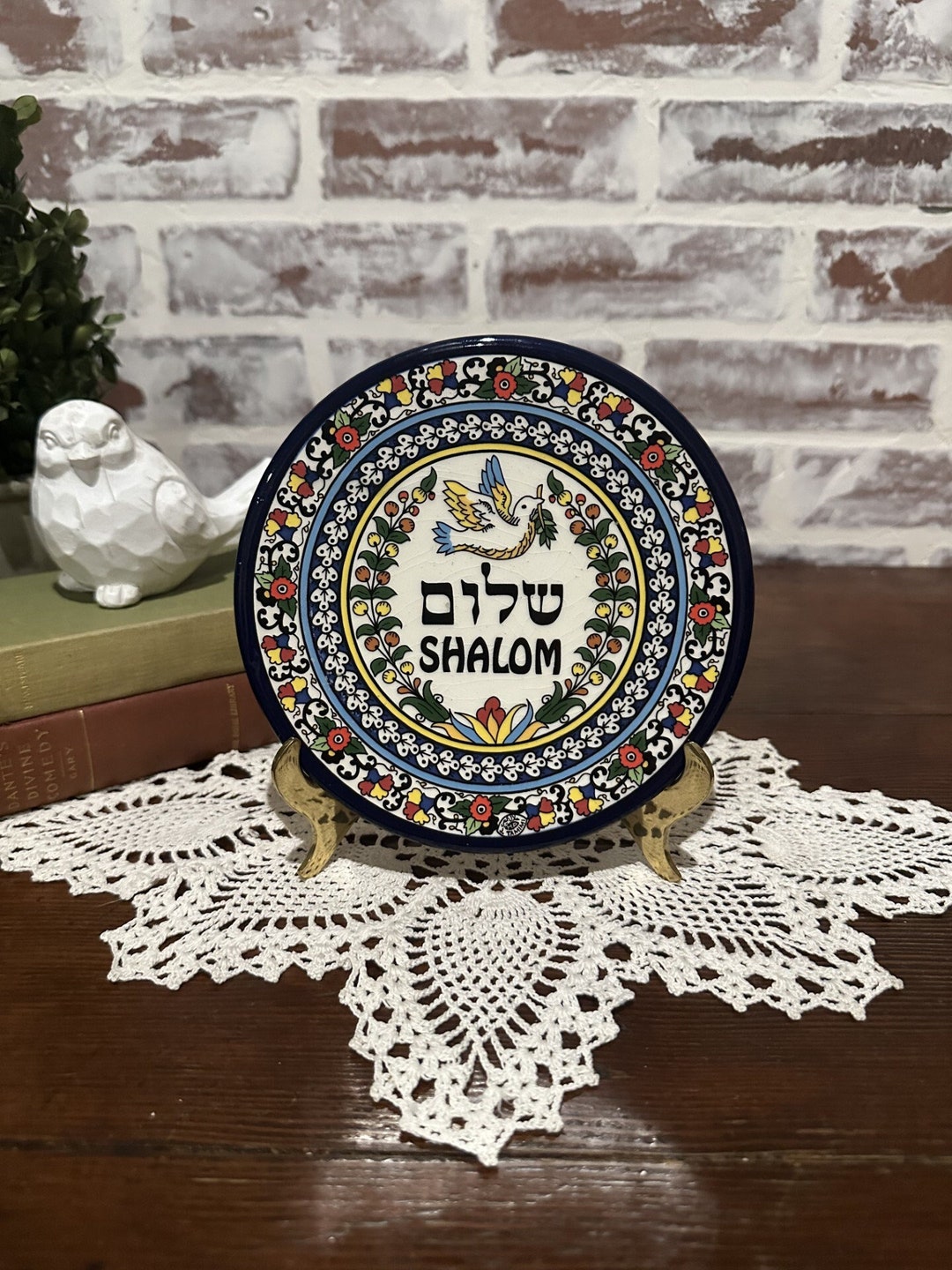 Ceramic Hand Painted Sedar & Shalom Jewish Wall Hanging Plate Israel ...