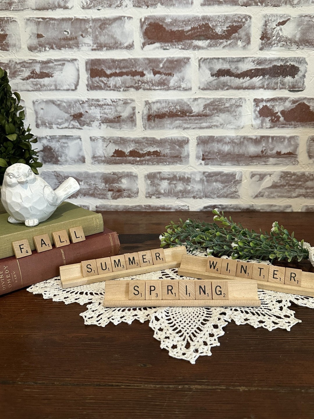 Seasonal Scrabble Letter Word Tile Decor & Holder Winter Spring Summer ...