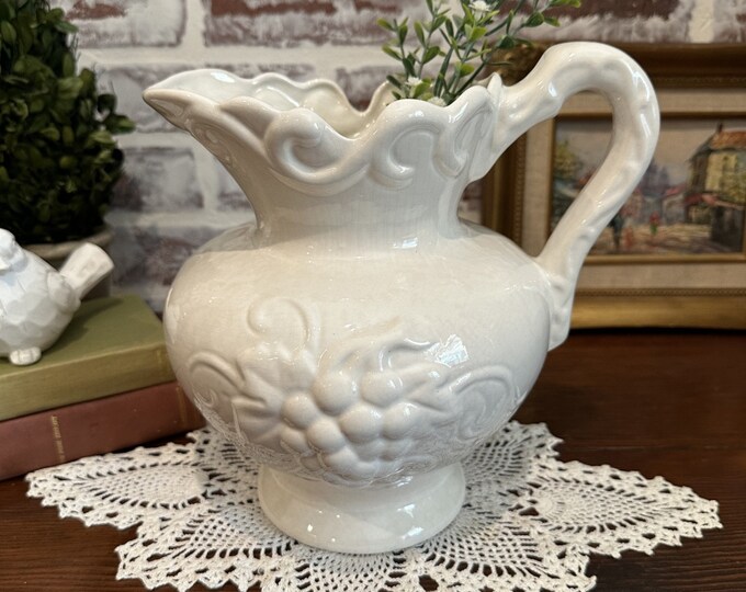 Vintage Large Cream Beige Pitcher Flower Vase | Grape Design | Home ...