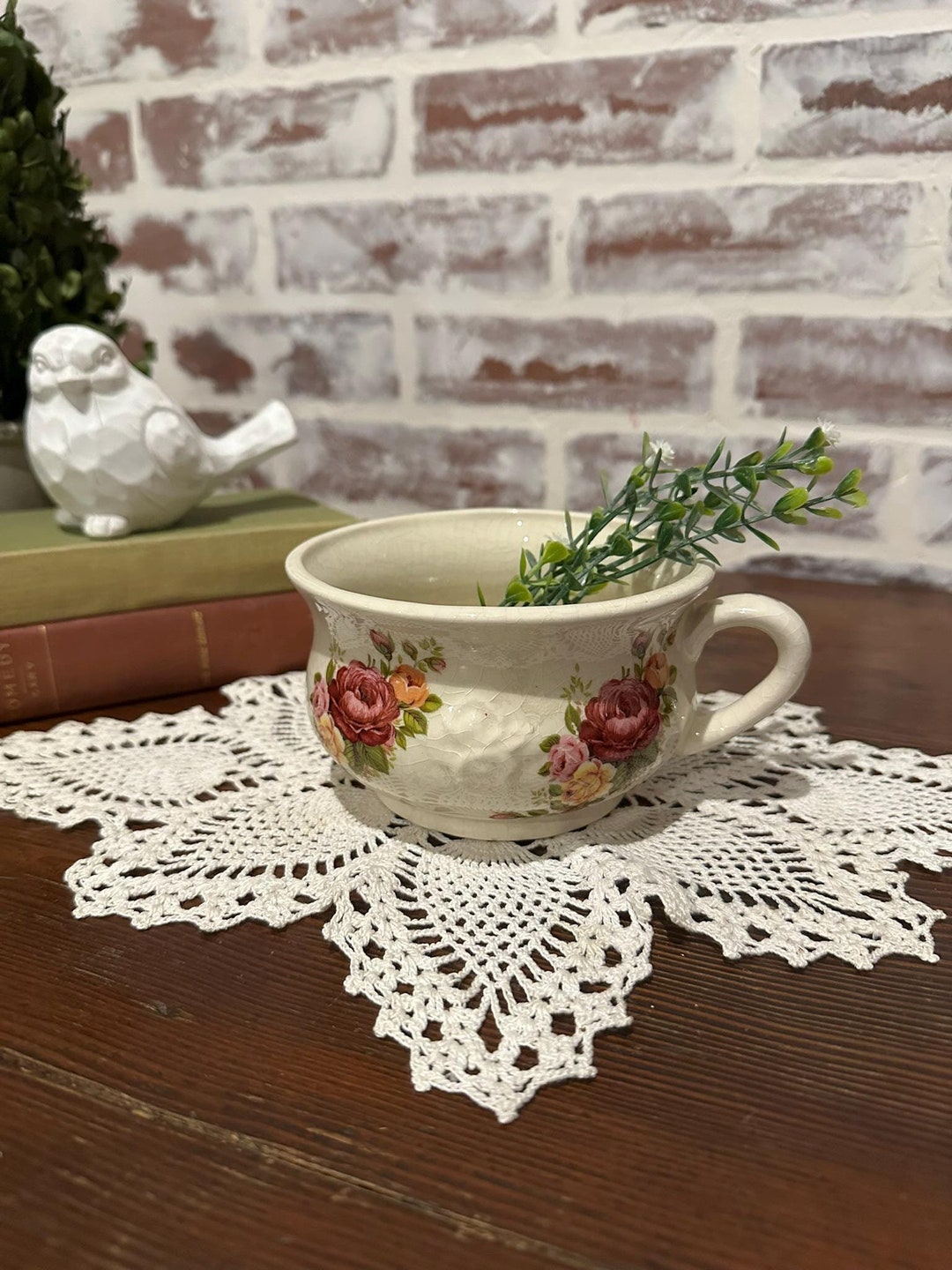 Antique Decorative Chamber Pot W/ Floral Rose Design & Stunning Crazing ...