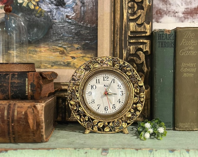 Vintage Matson Electric Gold Mantel Clock W/ Gilt Floral Rose Design ...