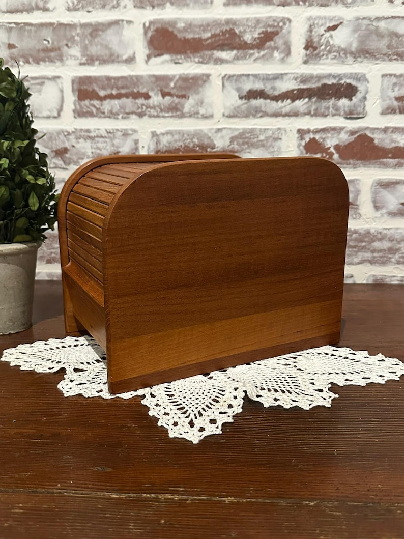 Vintage Mid Century Modern Teak Tambour Roll Top Wood File Storage Box ...