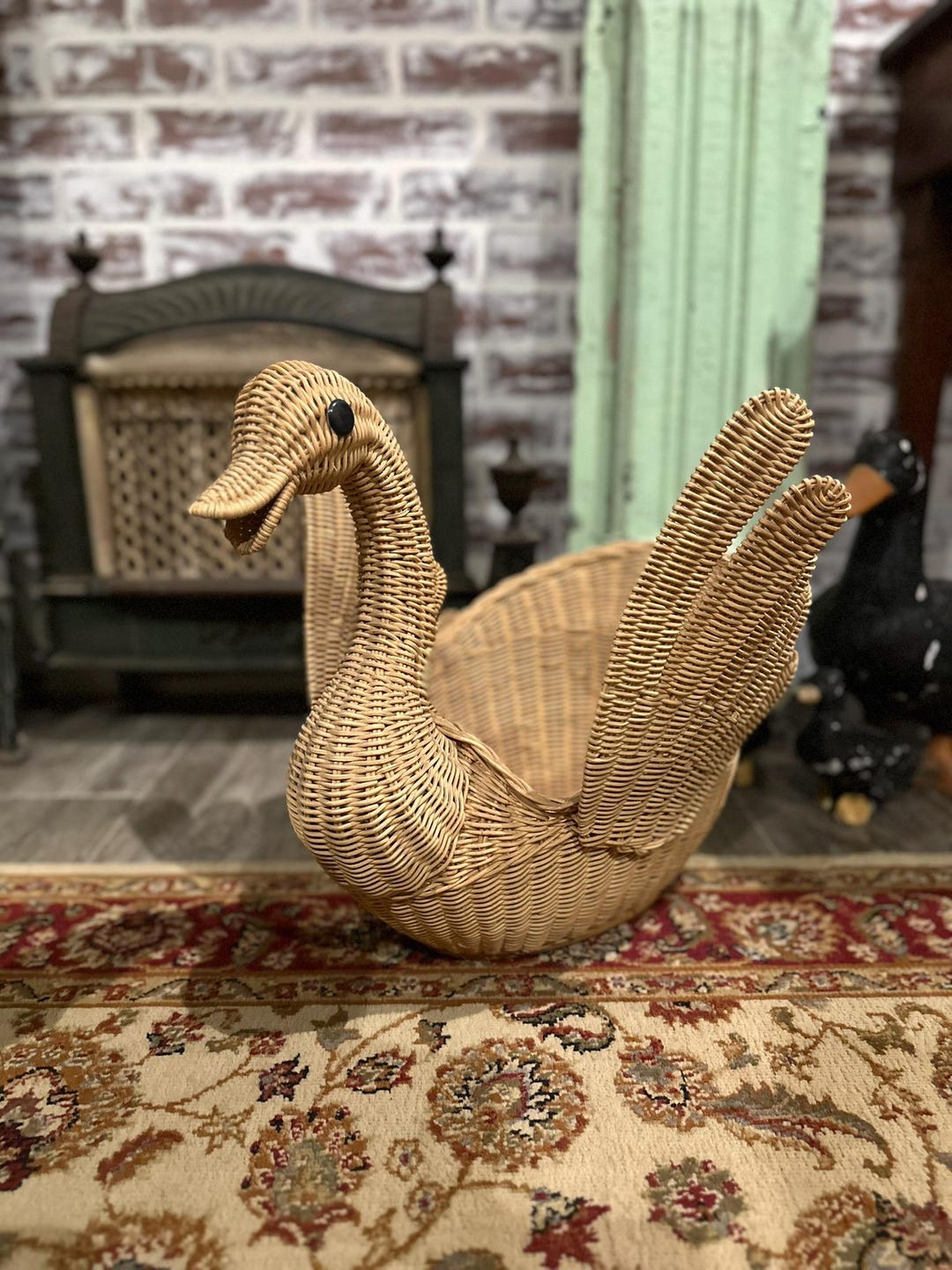Vintage Large Swan Duck Goose Bird Beige Rattan Woven Wicker Basket ...