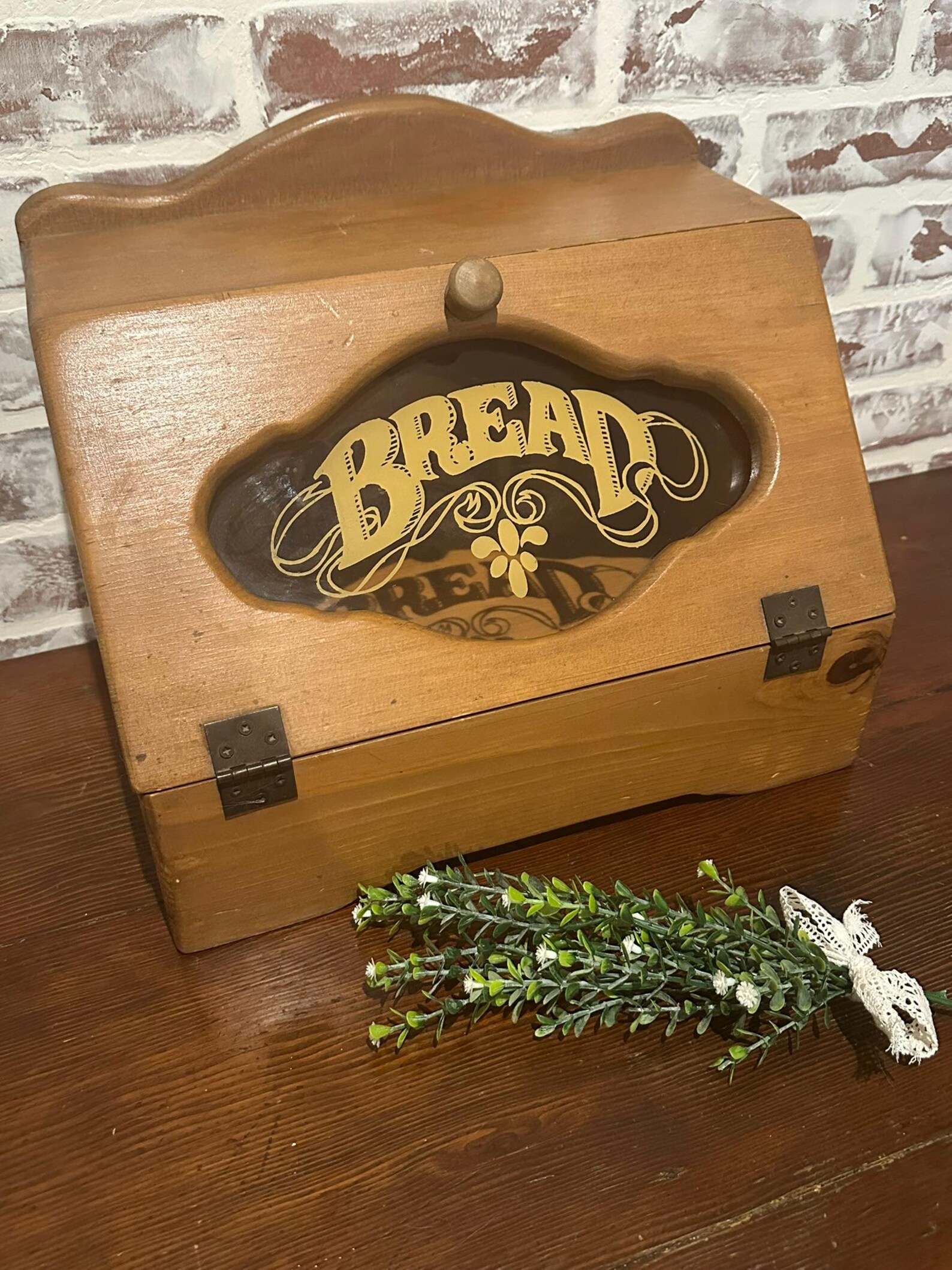 Vintage Large Solid Wood Bread Box W/ Stenciled Glass Front ...