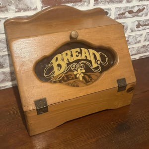 Vintage Large Solid Wood Bread Box W/ Stenciled Glass Front ...