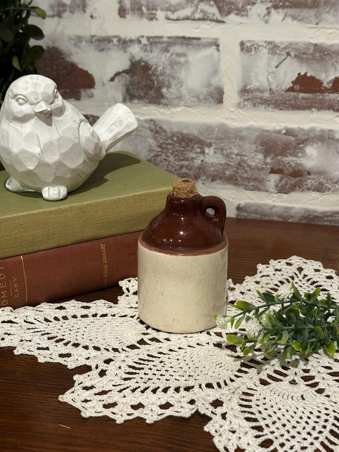 Vintage Miniature Cream & Brown Glazed Thumb Crock Jug W/ Cork 3 ...