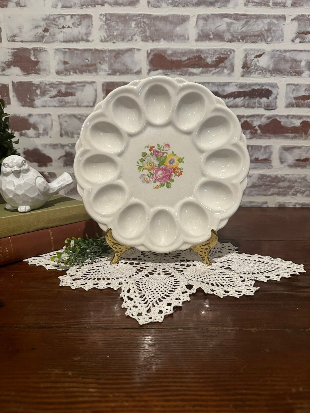 Vintage Mid Century Pink Floral Ceramic Deviled Egg Serving Platter ...
