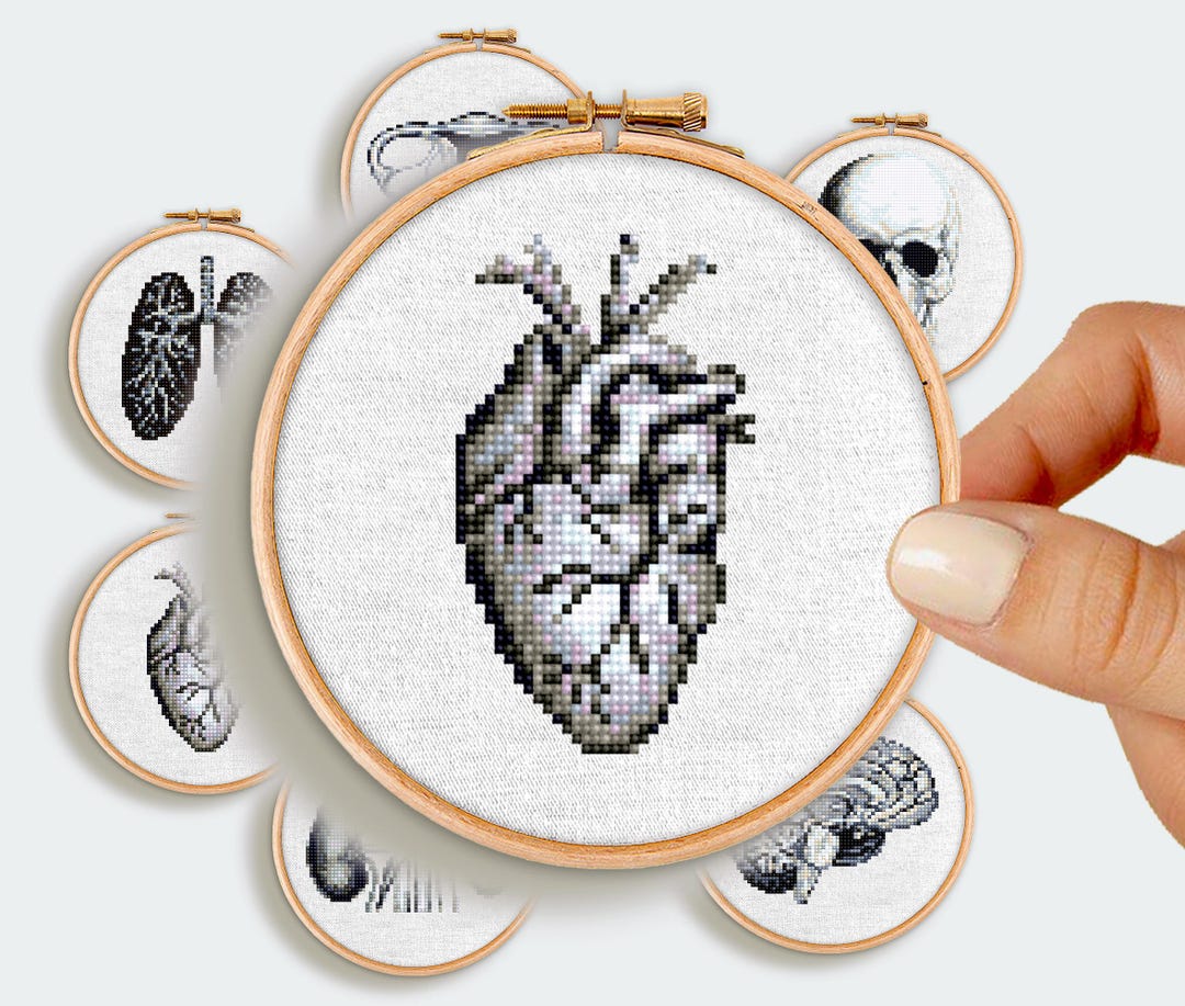 Mini Anatomy Cross Stitch Pattern Set, Heart, Brain, Skull, Uterus ...