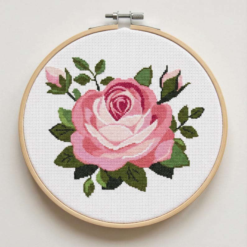 Pink Rose Cross Stitch Pattern PDF – Floral Embroidery Design, Romantic ...