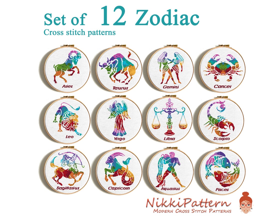 Set of 12 ZODIAC Cross Stitch Pattern Zodiac Horoscope Cross Stitch ...