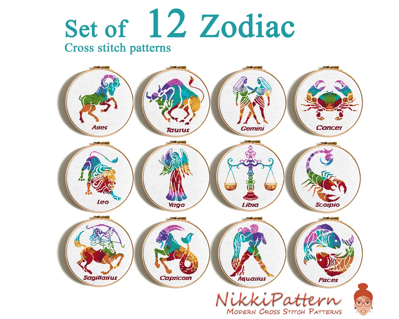 Set of 12 ZODIAC Cross Stitch Pattern Zodiac Horoscope Cross - Etsy