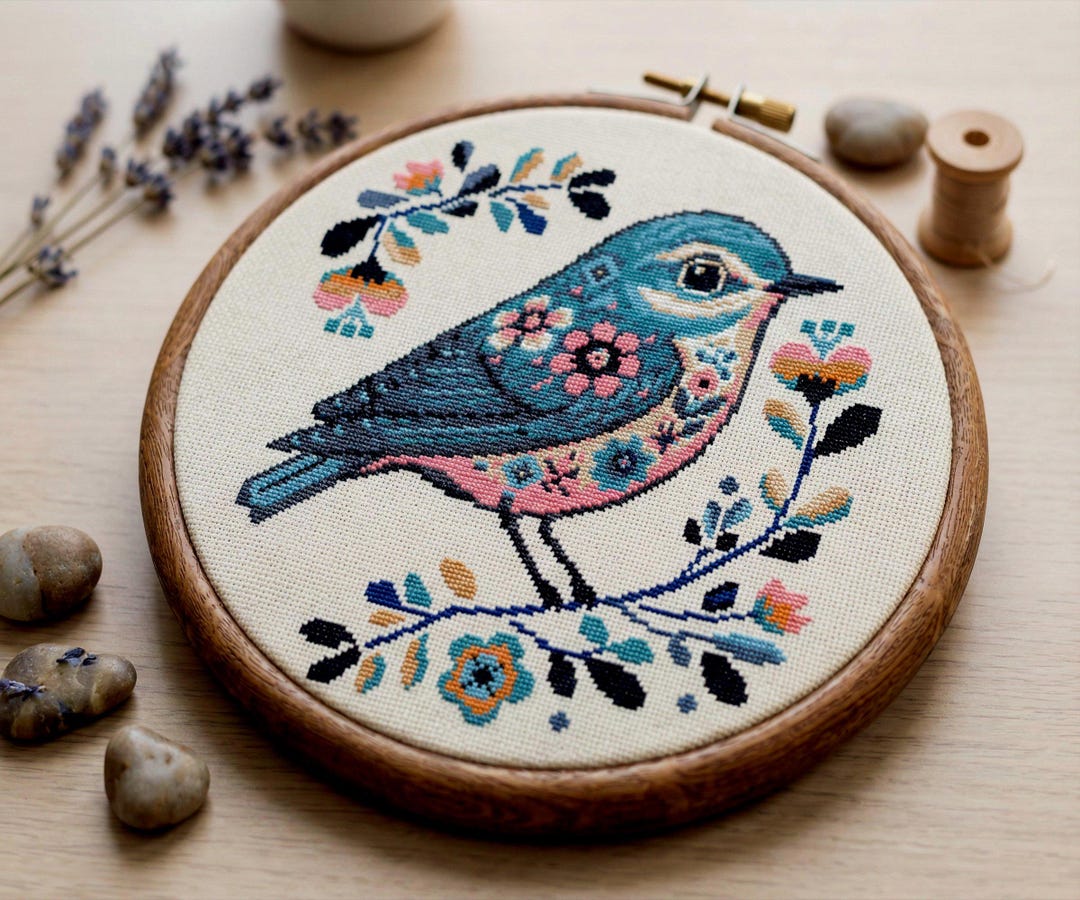 Floral Bird Cross Stitch Pattern PDF, Modern Folk Bird Embroidery ...
