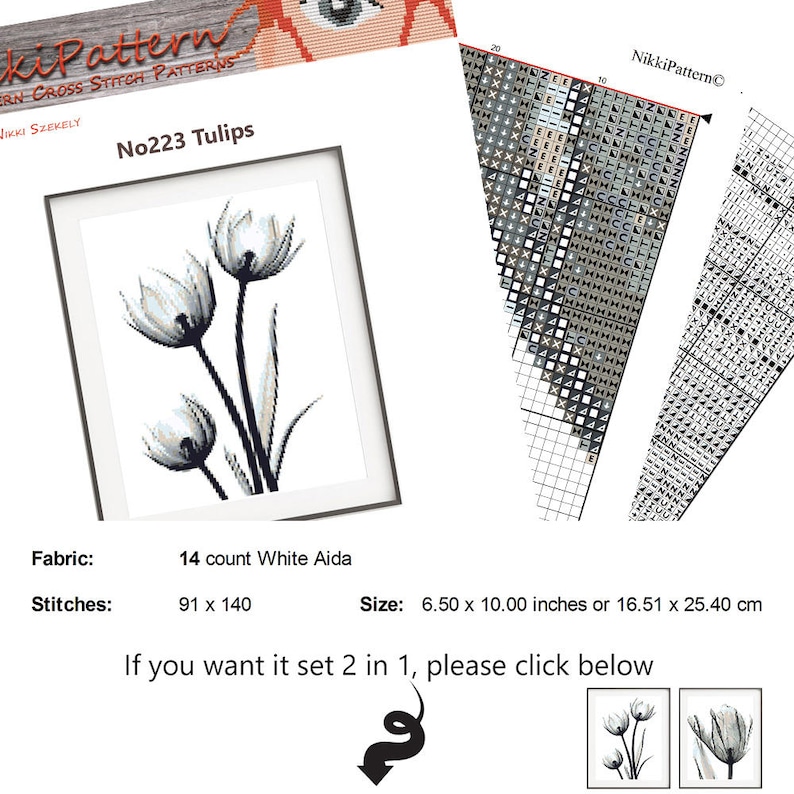 Tulips Cross Stitch Pattern, Black and White Floral Embroidery (PDF ...