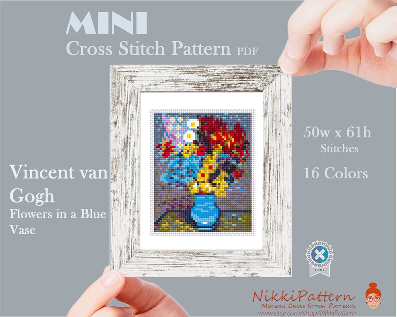 Mini Cross Stitch Pattern ART Flowers in a Blue Vase by - Etsy