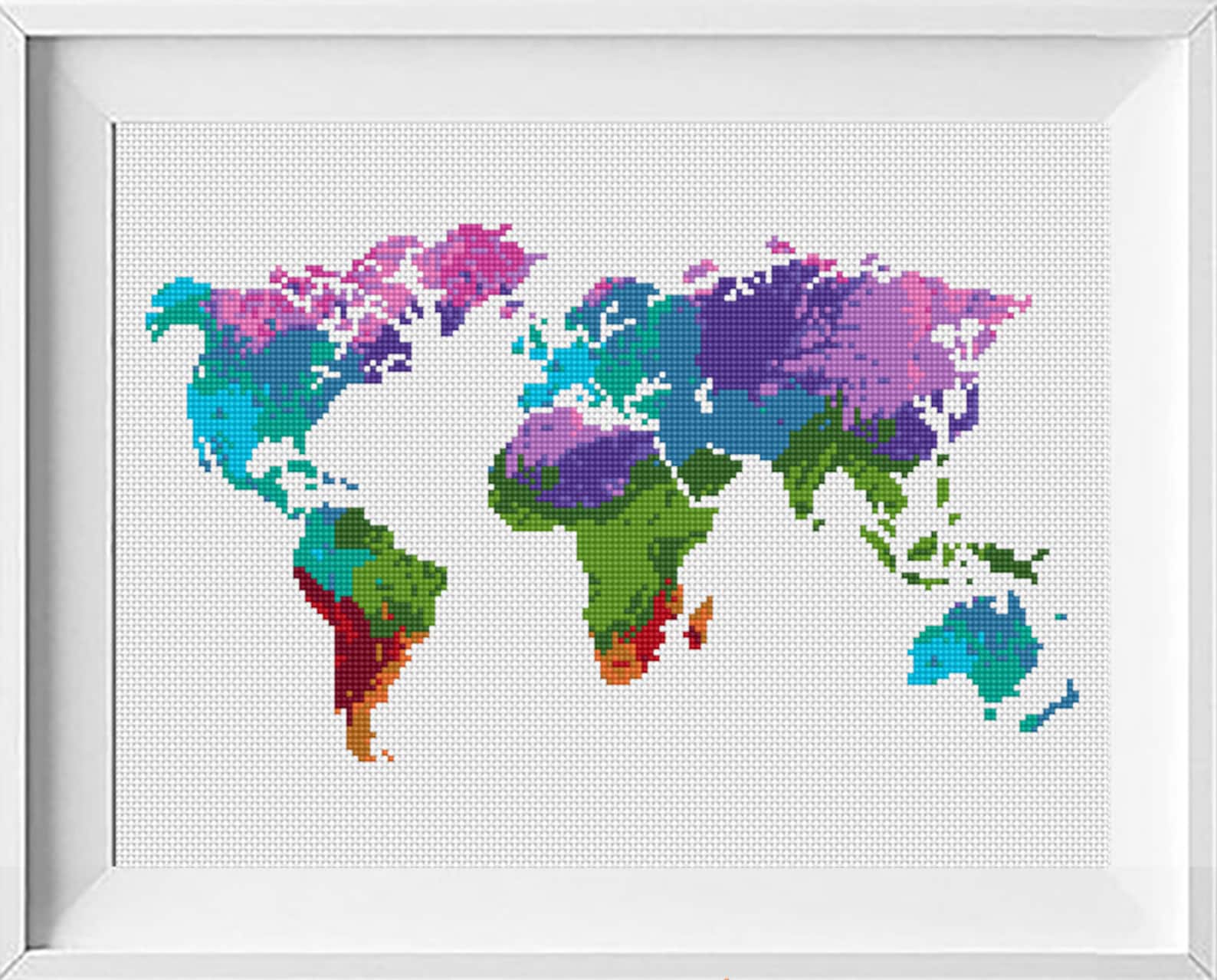 World Map Cross Stitch Pattern Silhouette of World Watercolor - Etsy