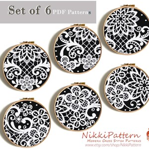 Floral Lace Modern Cross Stitch Pattern, Set of 6 Beautiful Flowers ...