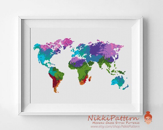 World Map Cross Stitch Pattern Silhouette of World Watercolor - Etsy