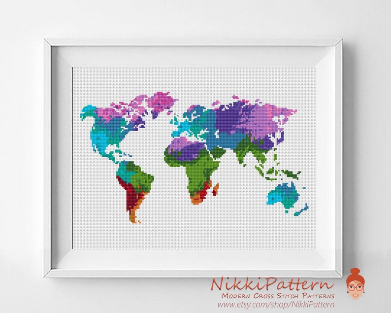 World Map Cross Stitch Pattern Silhouette of World Watercolor - Etsy
