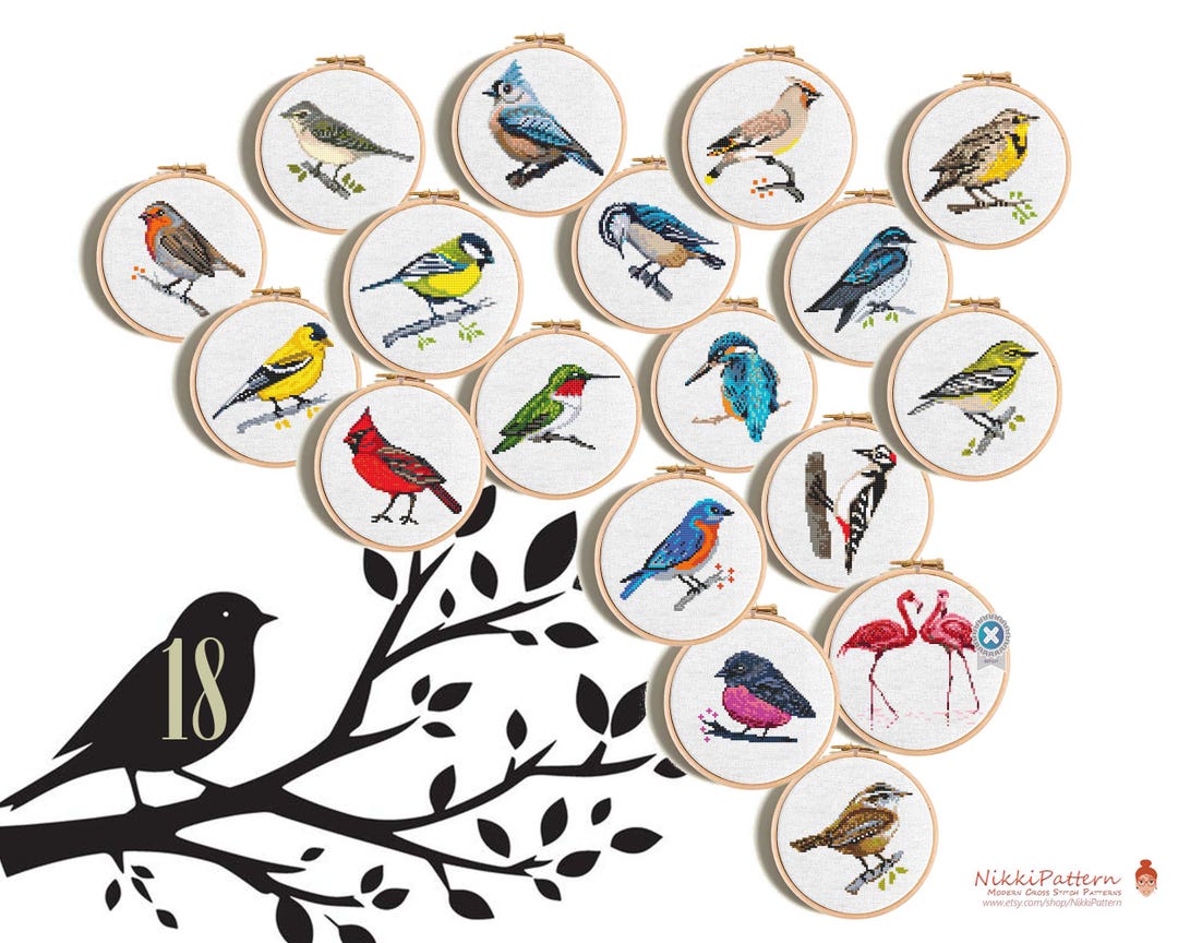 Mini Birds Cross Stitch Pattern Set of 18 Little Singing Bird Counted ...