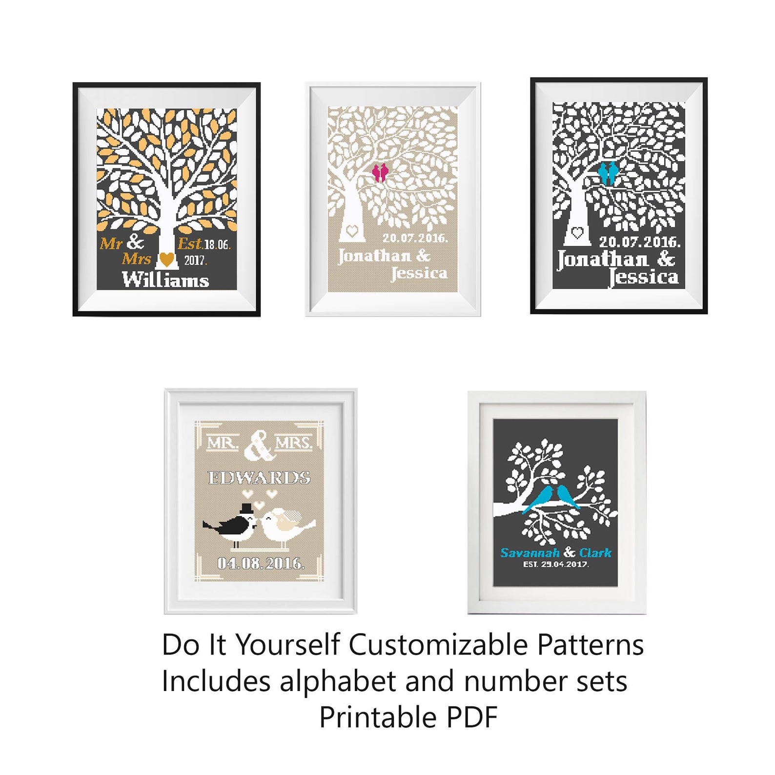 Wedding Modern Cross Stitch Pattern, Love Tree Silhouette, Personalized ...