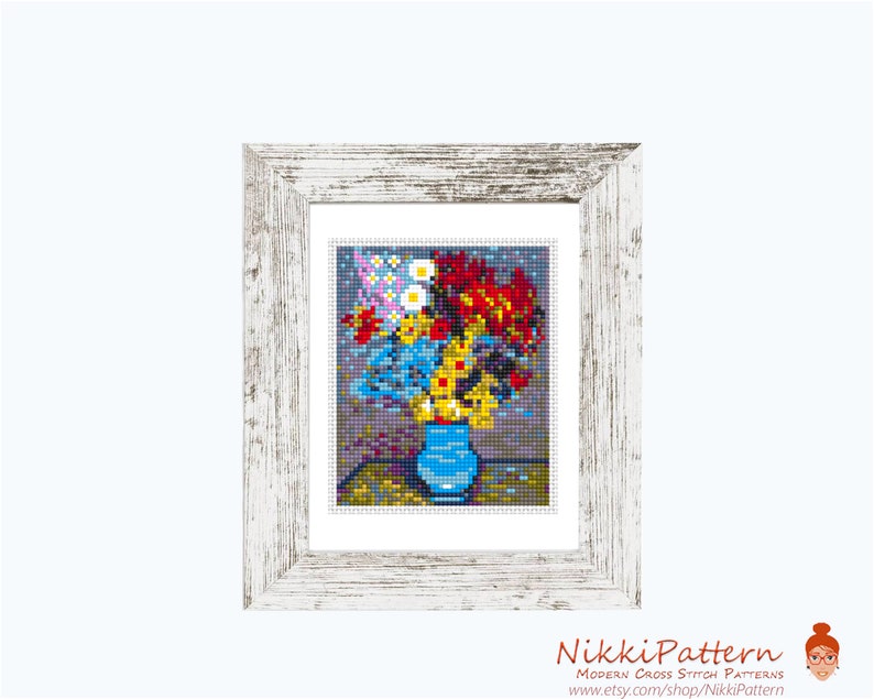 Mini Cross Stitch Pattern ART Flowers in a Blue Vase by - Etsy