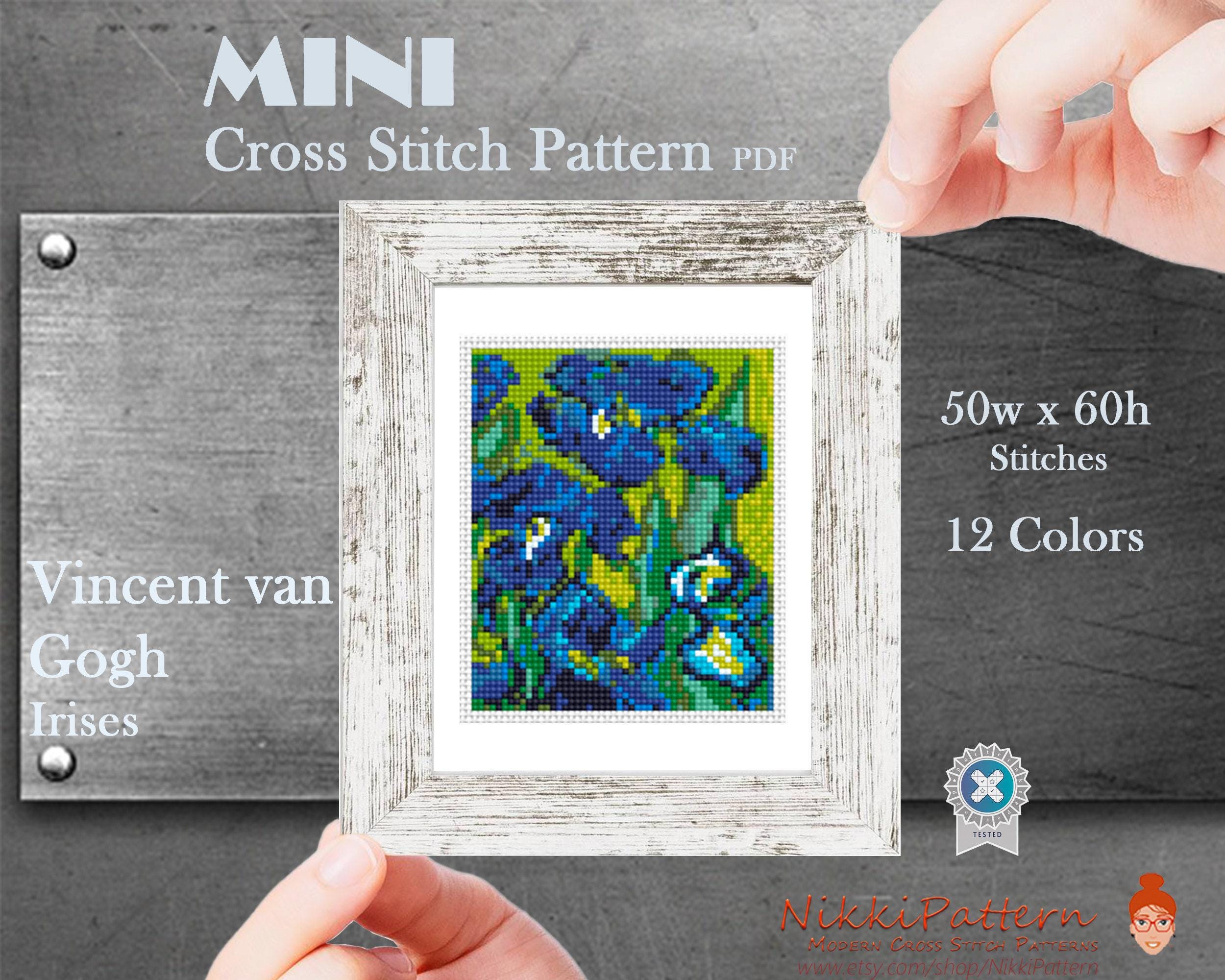 Mini Cross Stitch Pattern Vincent Van Gogh Irises Blue Flowers Modern ...