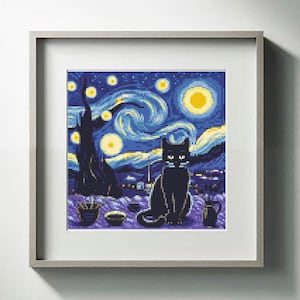 Starry Night Funny Cross Stitch Pattern With Black Cat, Van Gogh's ...