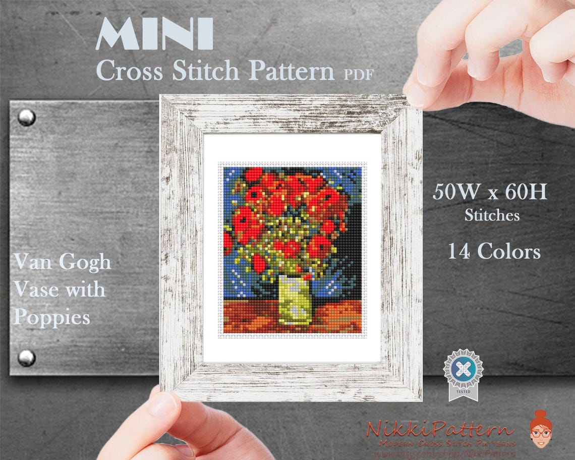 Mini Cross Stitch Pattern Modern Tiny Art - Vase With Poppies by ...