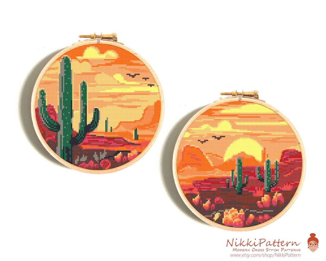 Landscape Cross Stitch Pattern Set Desert Sunrise Landscape Sun and ...