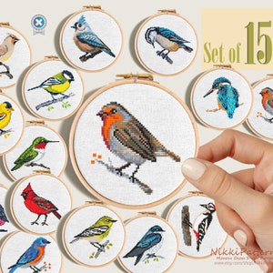 Set of 15 Mini Bird Cross Stitch Patterns Tiny Songbirds Nature Cross ...