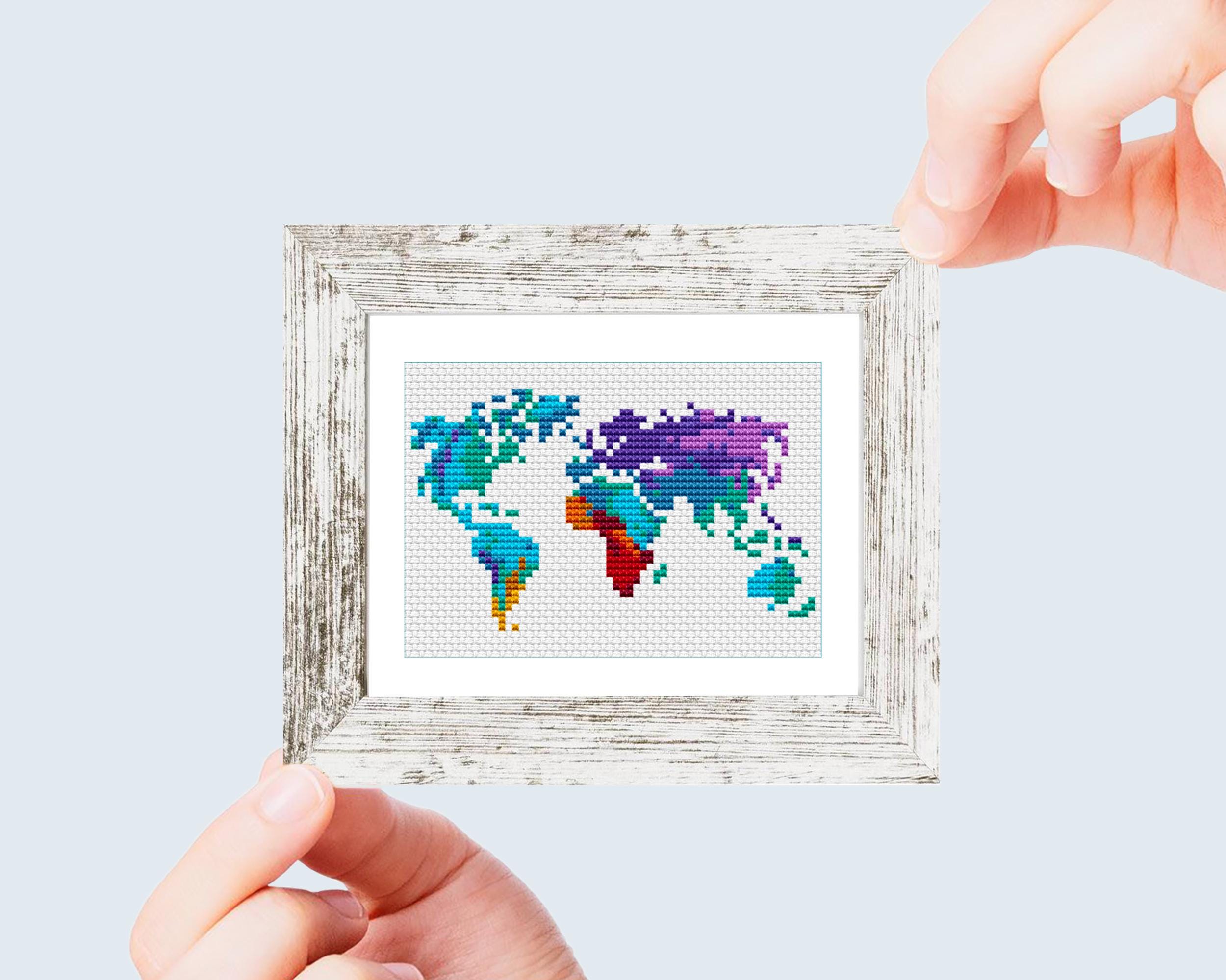 World Map Mini Cross Stitch Pattern, Silhouette of World, Watercolor ...