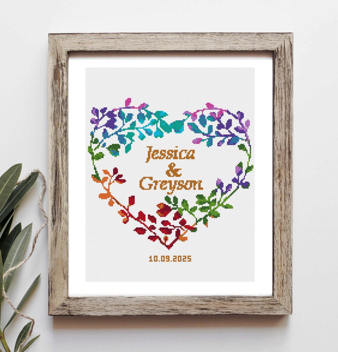 Modern Wedding Cross Stitch Pattern, Heart Embroidery With Custom Names ...