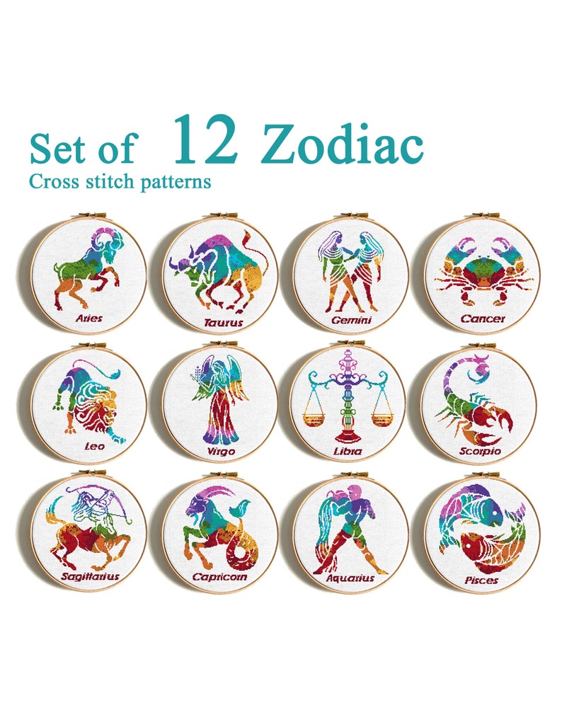 Set of 12 ZODIAC Cross Stitch Pattern Zodiac Horoscope Cross - Etsy