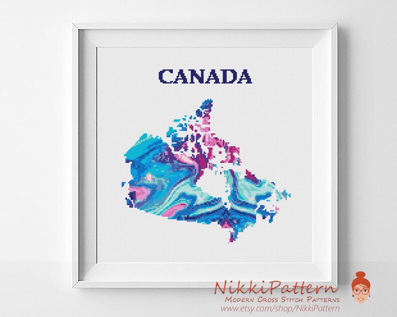 Canada Cross Stitch Pattern, Watercolor World Map Silhouette Embroidery ...