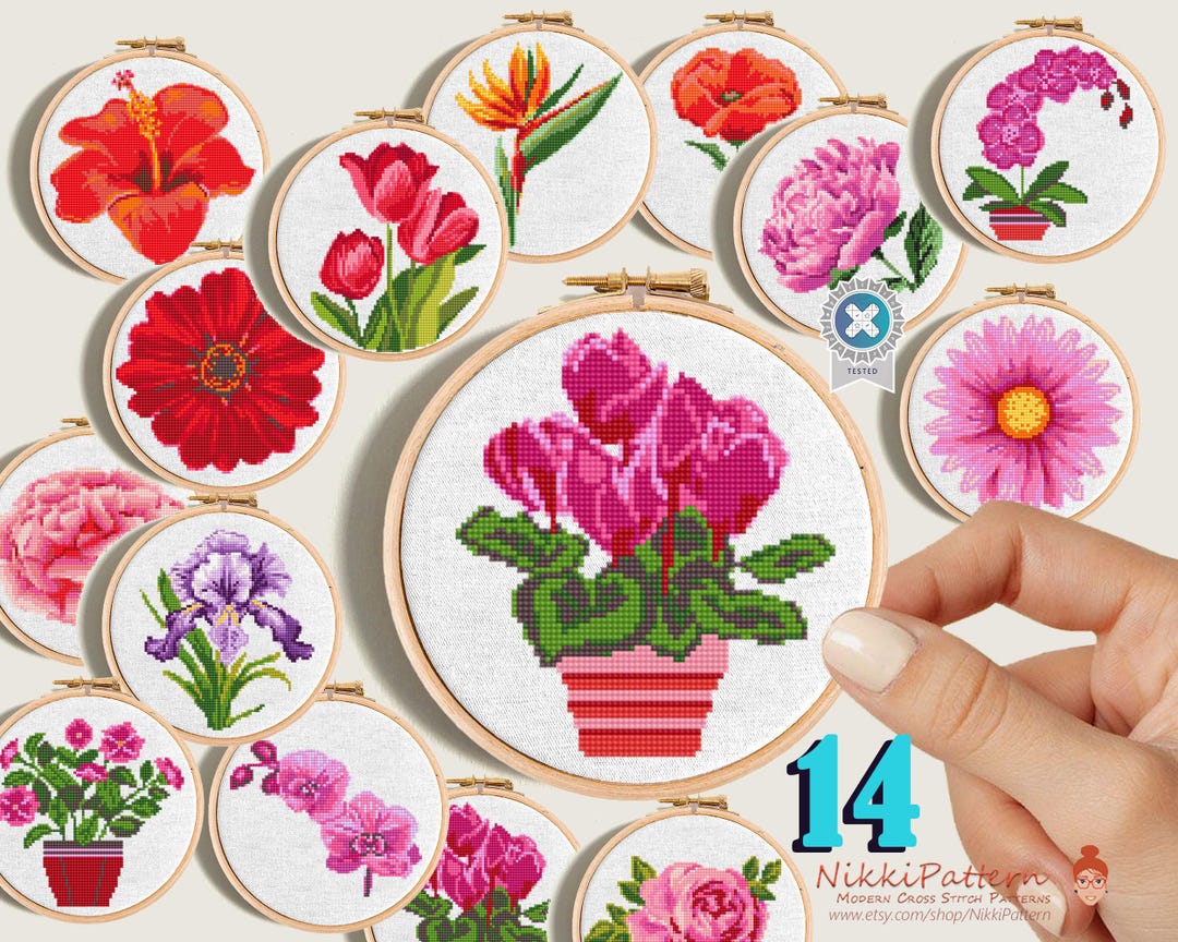 Mini Floral Cross Stitch Patterns, 14 Tiny Flowers, Easy Chart for ...