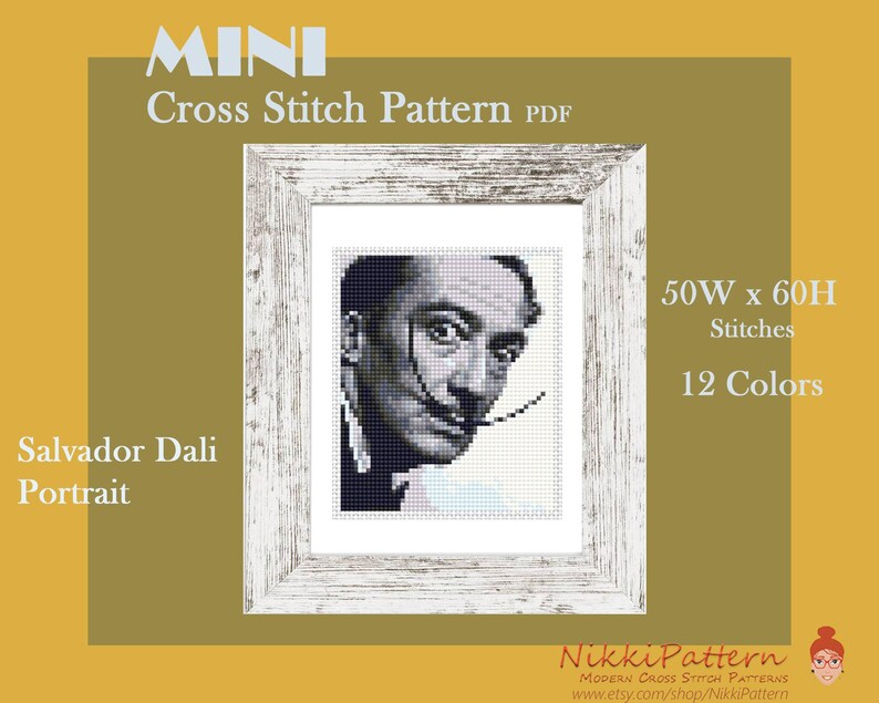 Mini Cross Stitch Pattern, Modern Tiny Art - Salvador Dali Portrait ...