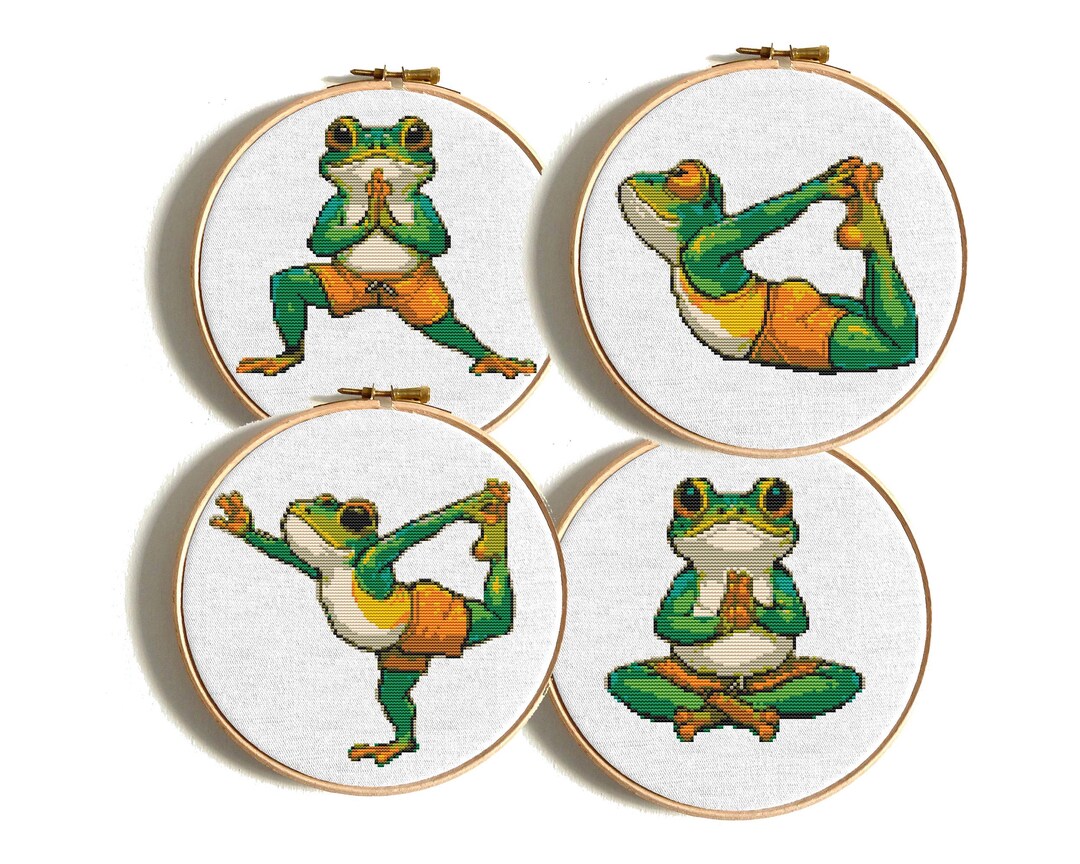 Funny Frog Cross Stitch Pattern PDF, Small 4 Green Yoga Frog X-stitch ...