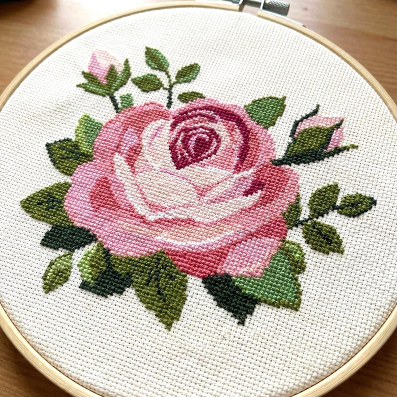 Pink Rose Cross Stitch Pattern PDF – Floral Embroidery Design, Romantic ...