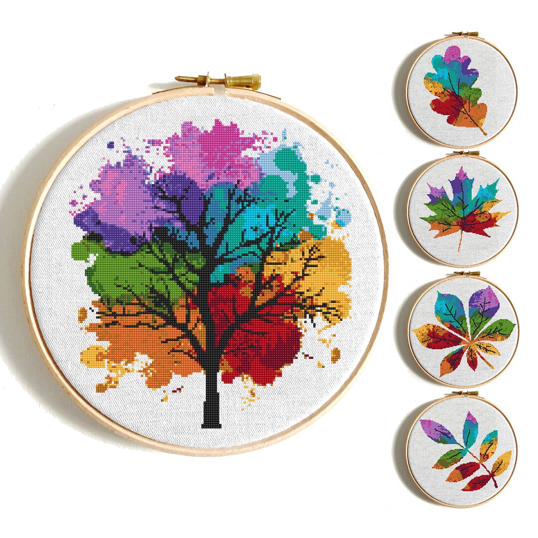 Leaf Cross Stitch Patterns Set Tree Cross Stitch Four Seasons Counted ...