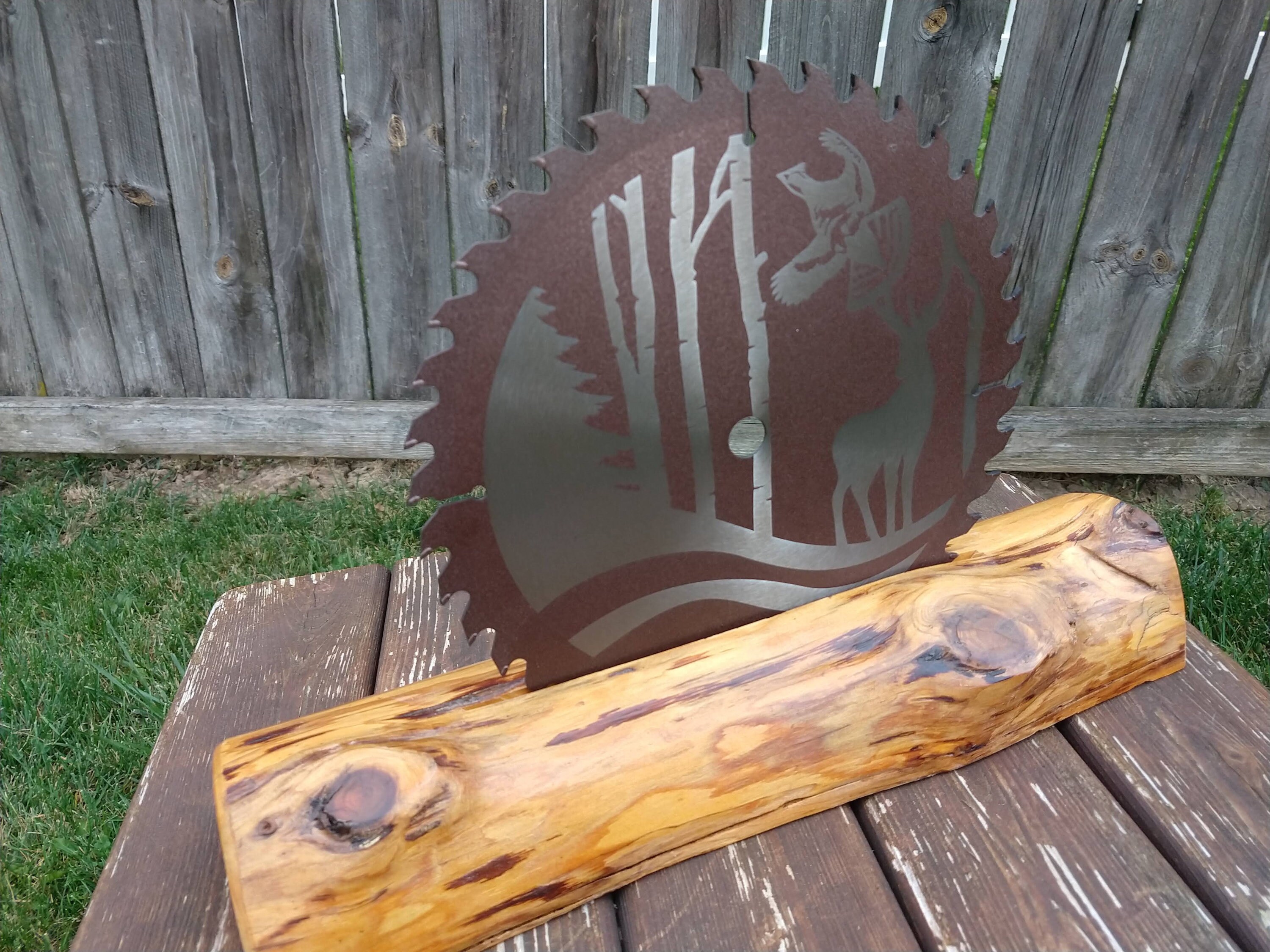 Engraved Saw blade with rustic cedar log base | Etsy
