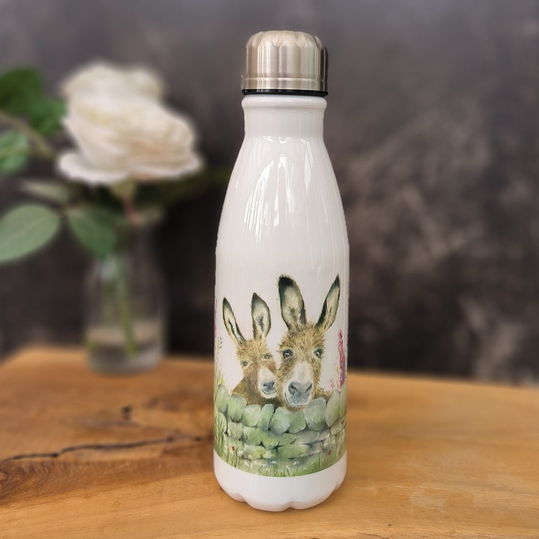 Cute DONKEYS Water Bottle With Flowers, Pretty Donkey Gift ...